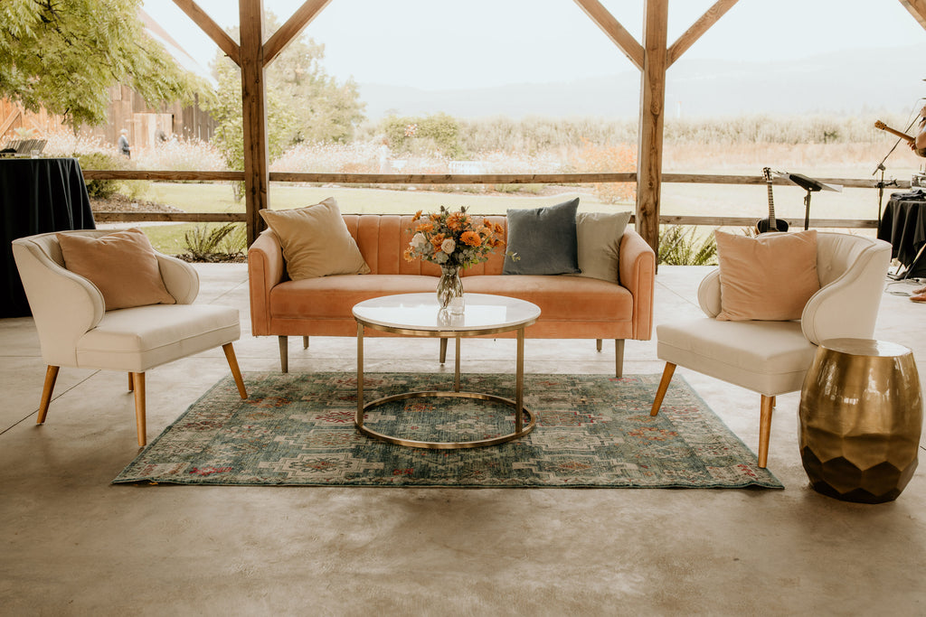 Blush Velvet Channel Back Sofa Rental | Hood River | Riverhood Rentals