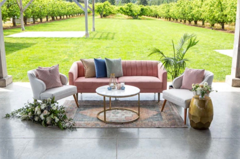 Blush Velvet Channel Back Sofa Rental | Hood River | Riverhood Rentals